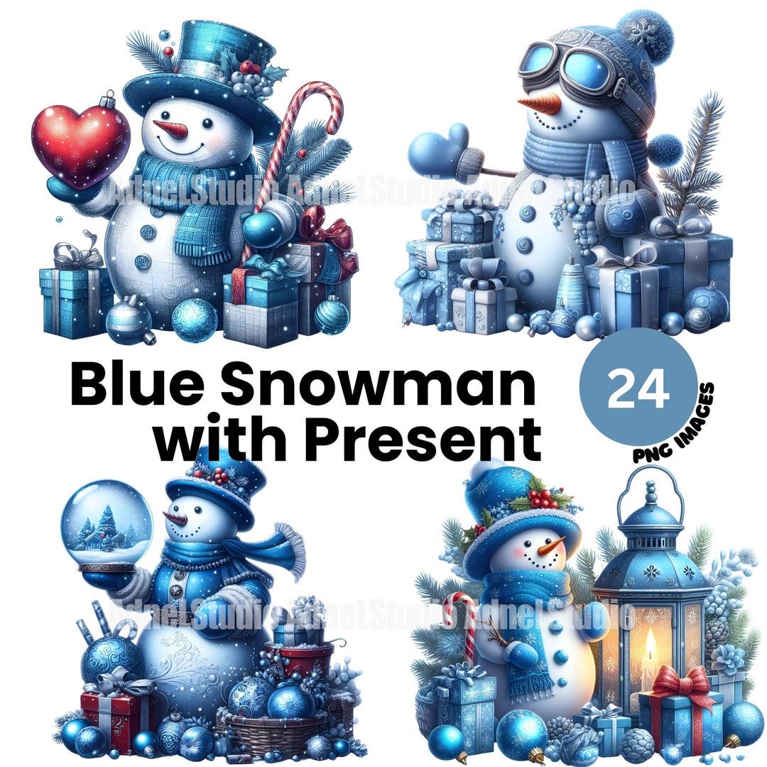 Blue Christmas Snowman Clipart, Blue Snowman Clipart, Snowman With Christmas Present Clipart ...