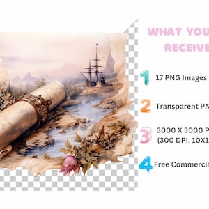 Watercolor Old Treasure Map Clipart - Nautical Decoration Clipart ...