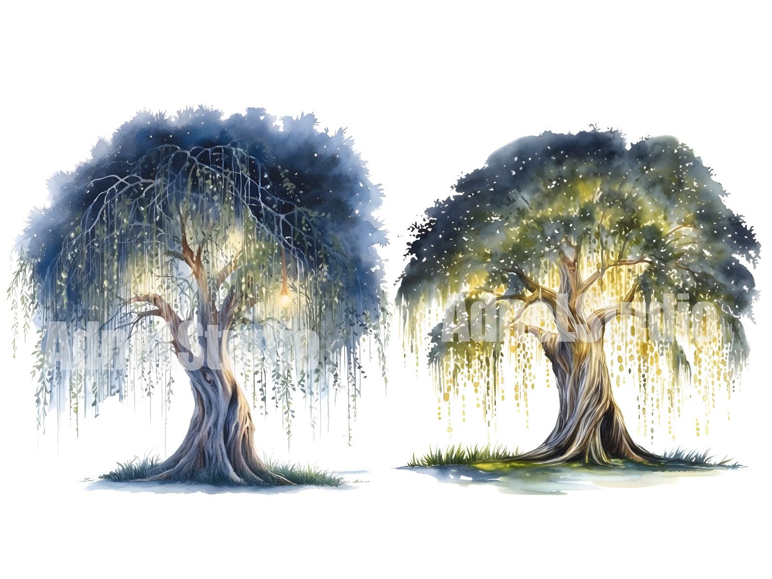 Watercolor Fairy Light Willow Tree Clipart - Willow Tree Landscape ...