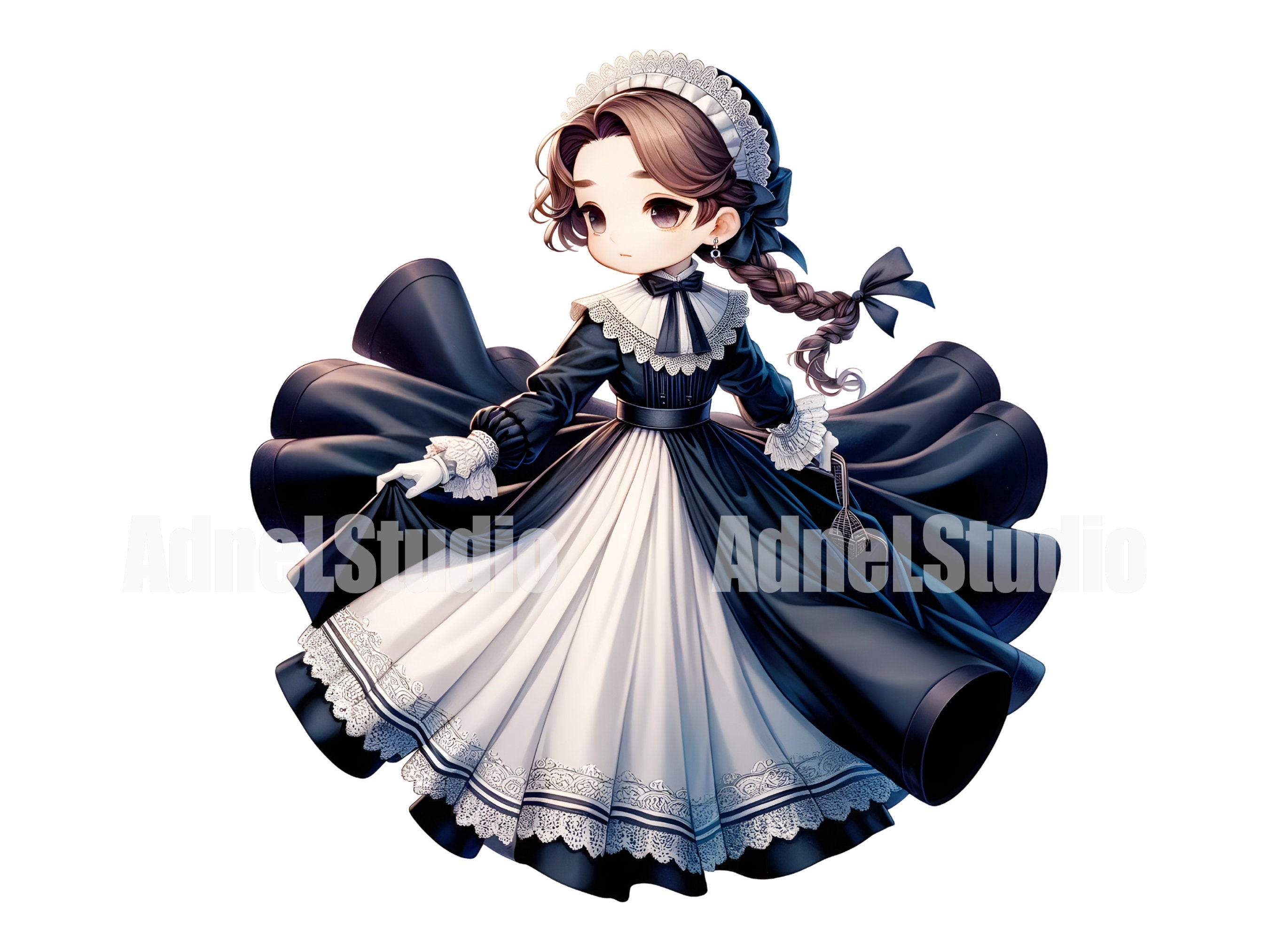 Watercolor Victorian Maid Girl Clipart, Chibi Girl Clipart, Little Girl ...