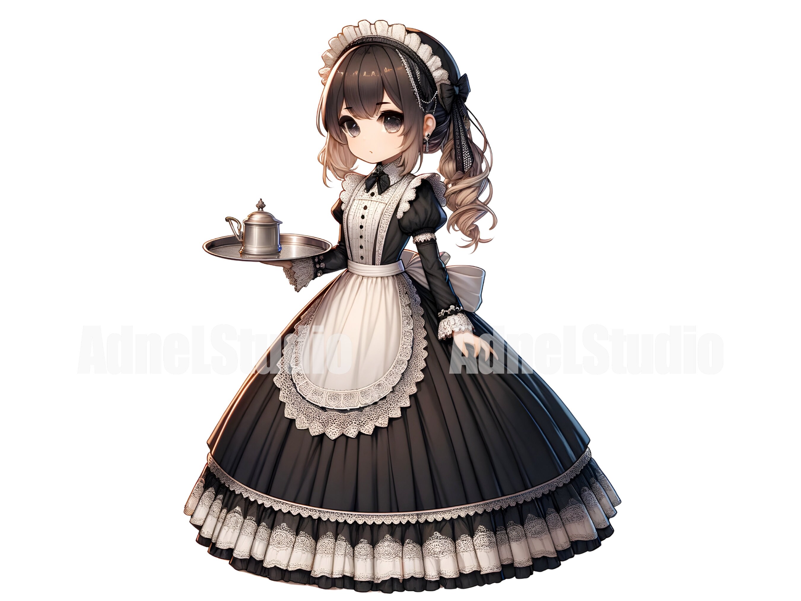 Watercolor Victorian Maid Girl Clipart, Chibi Girl Clipart, Little Girl ...