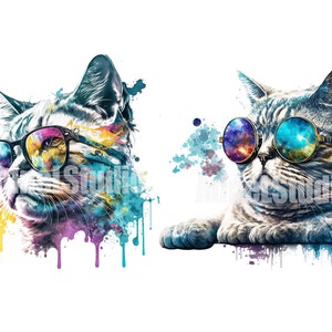 Watercolor Cat Clipart- Watercolor Cool Cat Sunglasses Clipart, Digital ...