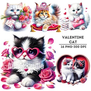 Valentine Cat Clipart, Cute Kitty PNG, Romantic Roses, Love Letter Art ...