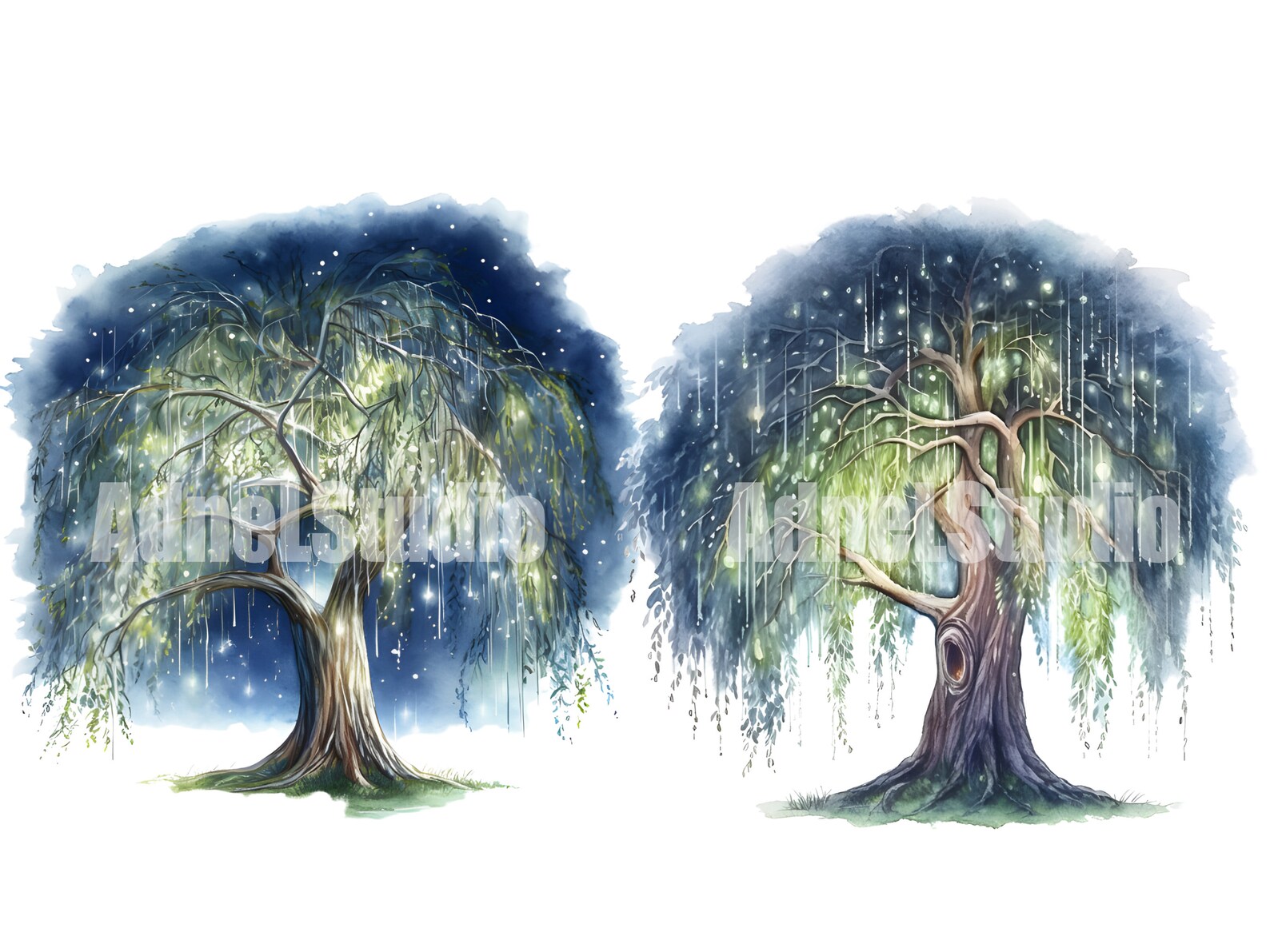 Watercolor Fairy Light Willow Tree Clipart - Willow Tree Landscape ...