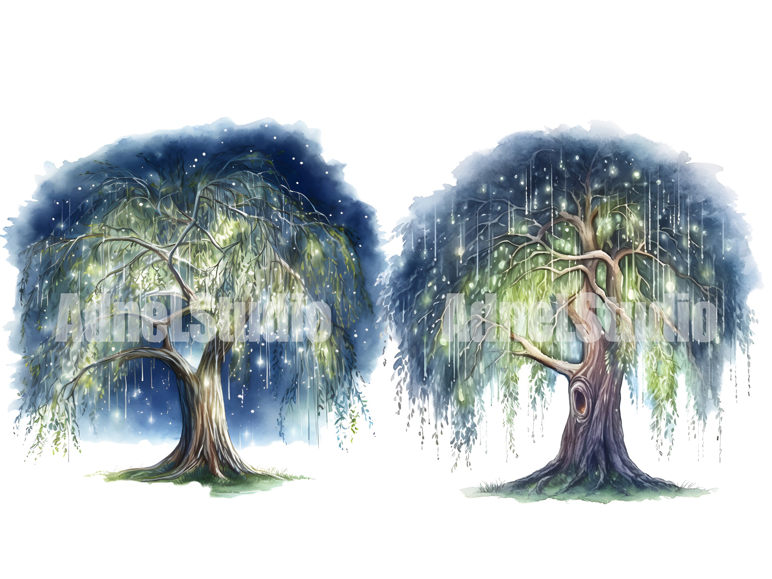 Watercolor Fairy Light Willow Tree Clipart - Willow Tree Landscape ...