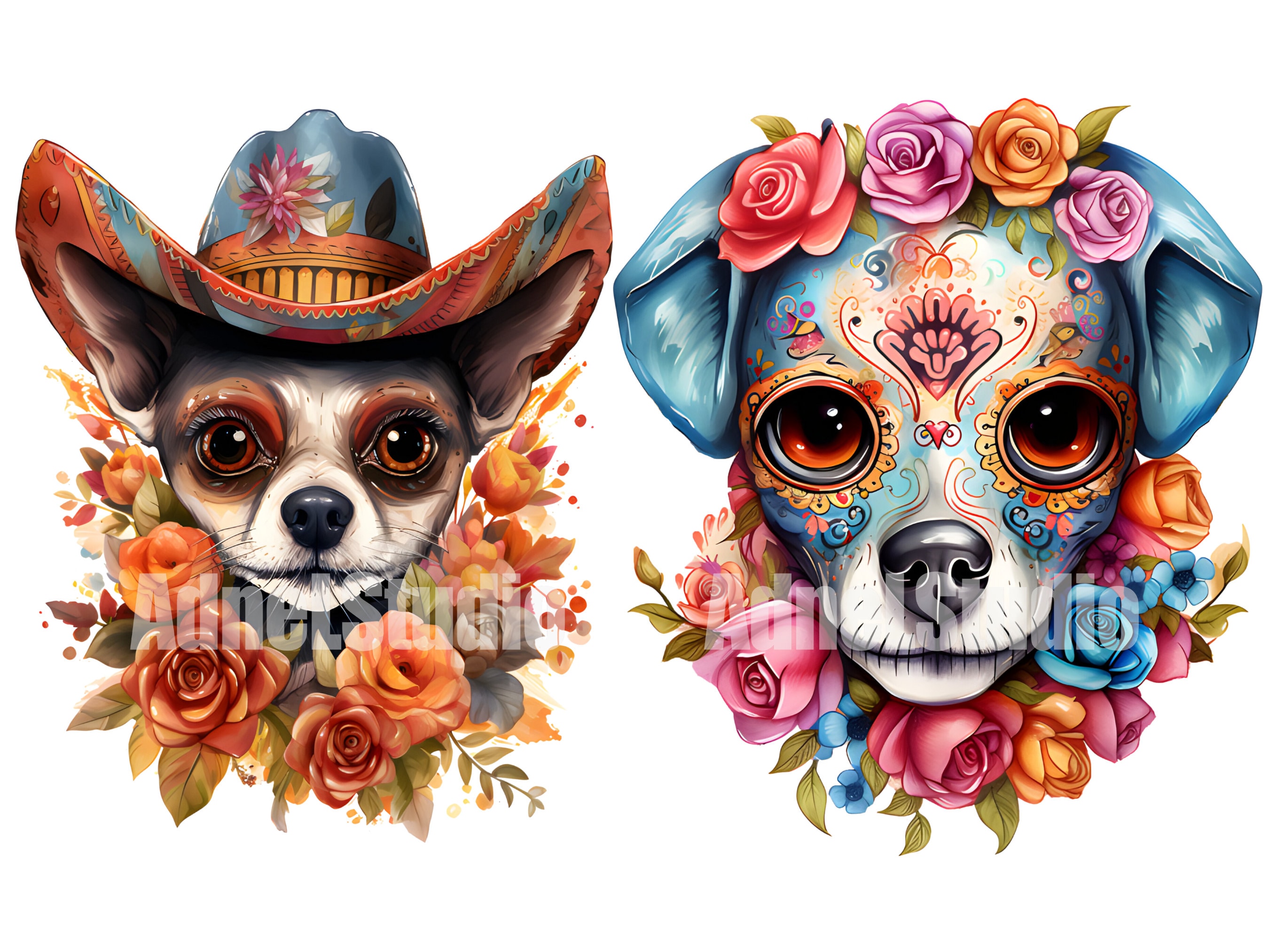 Sugar Skull Dog Clipart - Floral Sugar Skull Dog Digital, Dia De Los ...