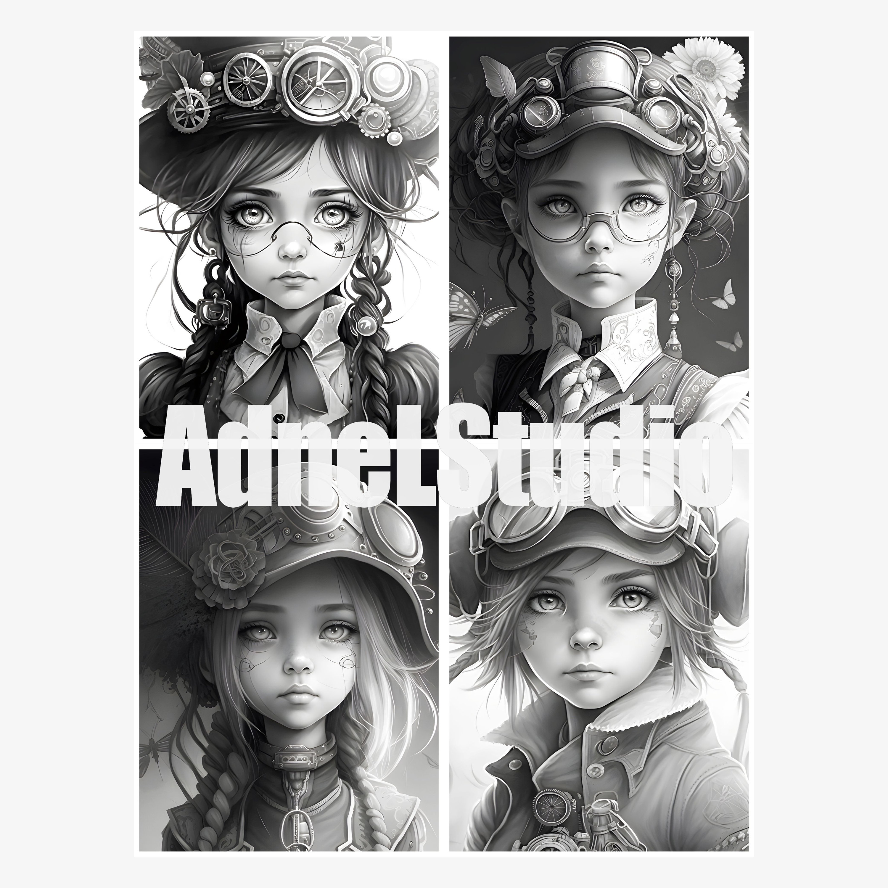 Cute Steampunk Girls Coloring Book 20 Pages Grayscale - Etsy