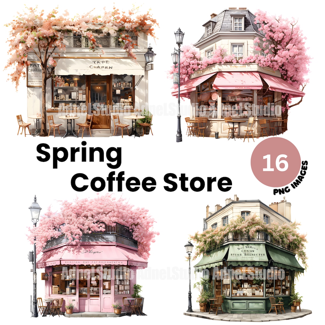 Watercolor Spring Coffee Shop Clipart -20 High Quality Cafe PNG Clipart ...