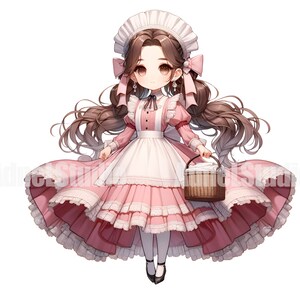 Watercolor Victorian Maid Girl Clipart, Chibi Girl Clipart, Little Pink ...