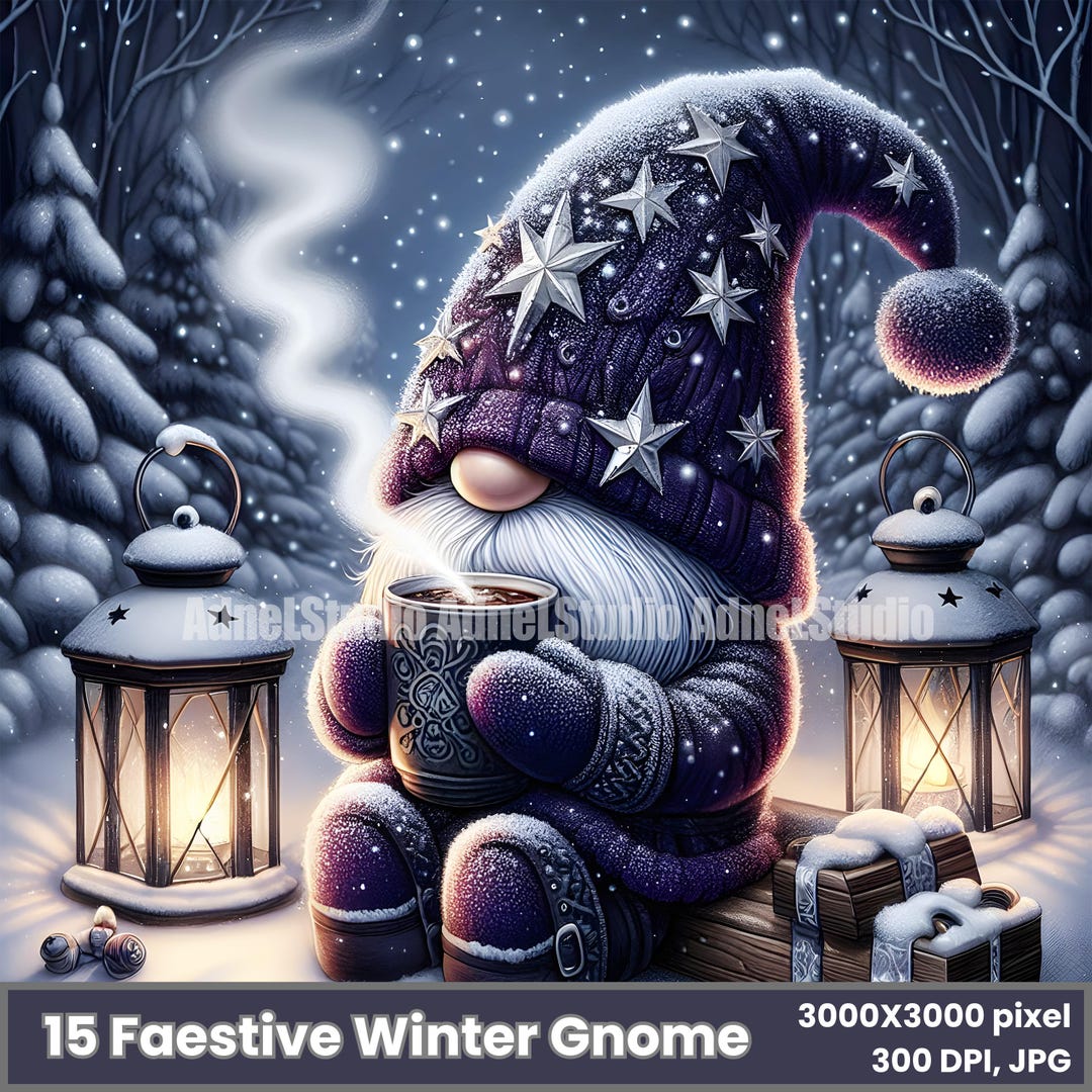 Festive Winter Gnome Illustrations With Cozy Lanterns and Snowy Scene ...
