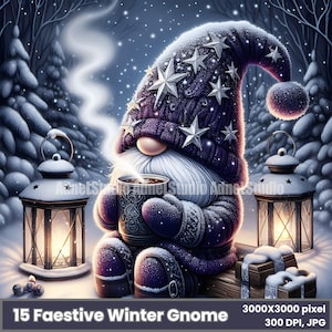 Festive Winter Gnome Illustrations With Cozy Lanterns and Snowy Scene ...