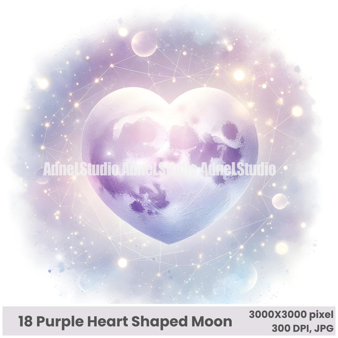 Purple Heart Shaped Moon Digital Art, Romantic Celestial Wall Art ...