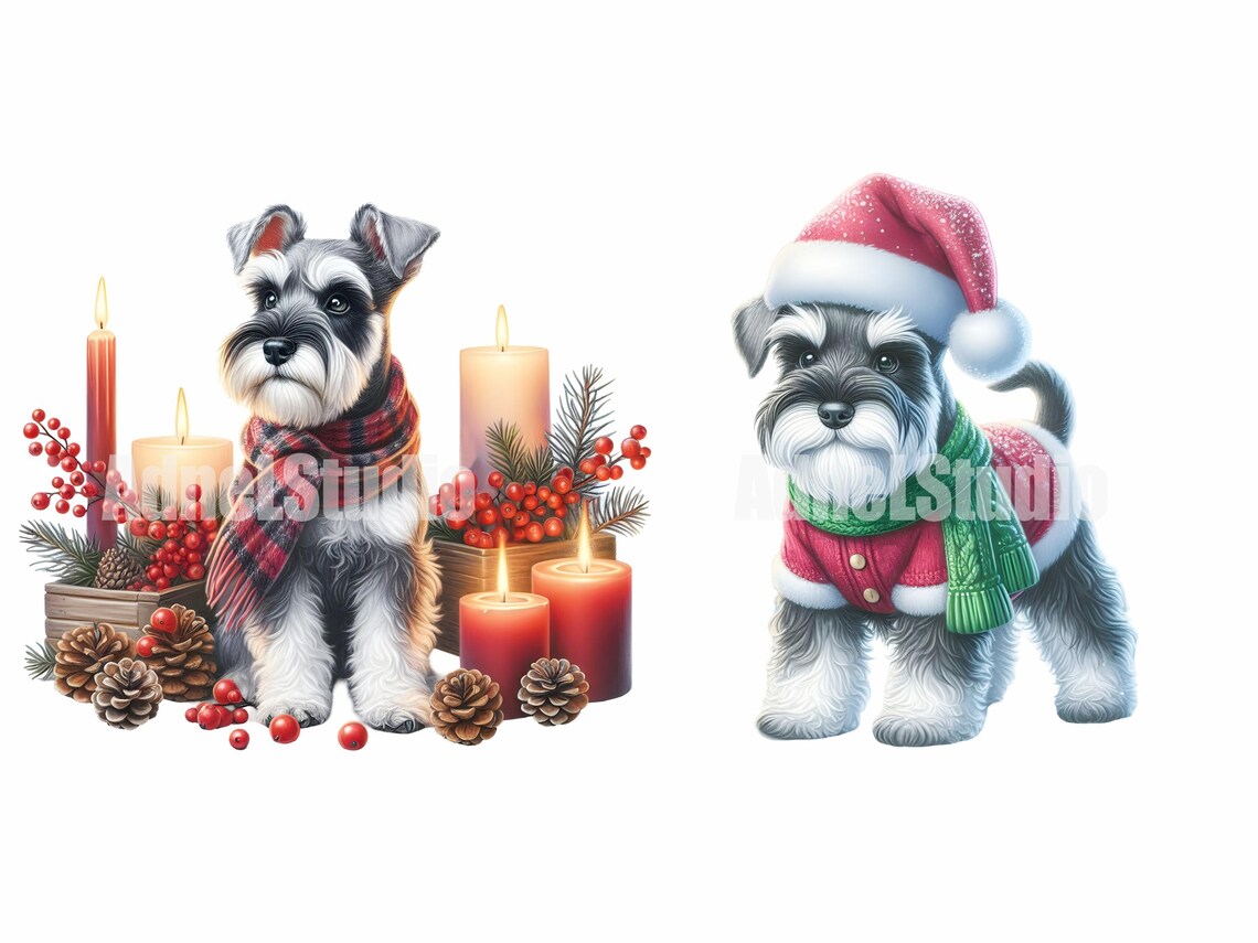 Christmas Miniature Schnauzer Clipart Set, Festive Dog Illustrations ...
