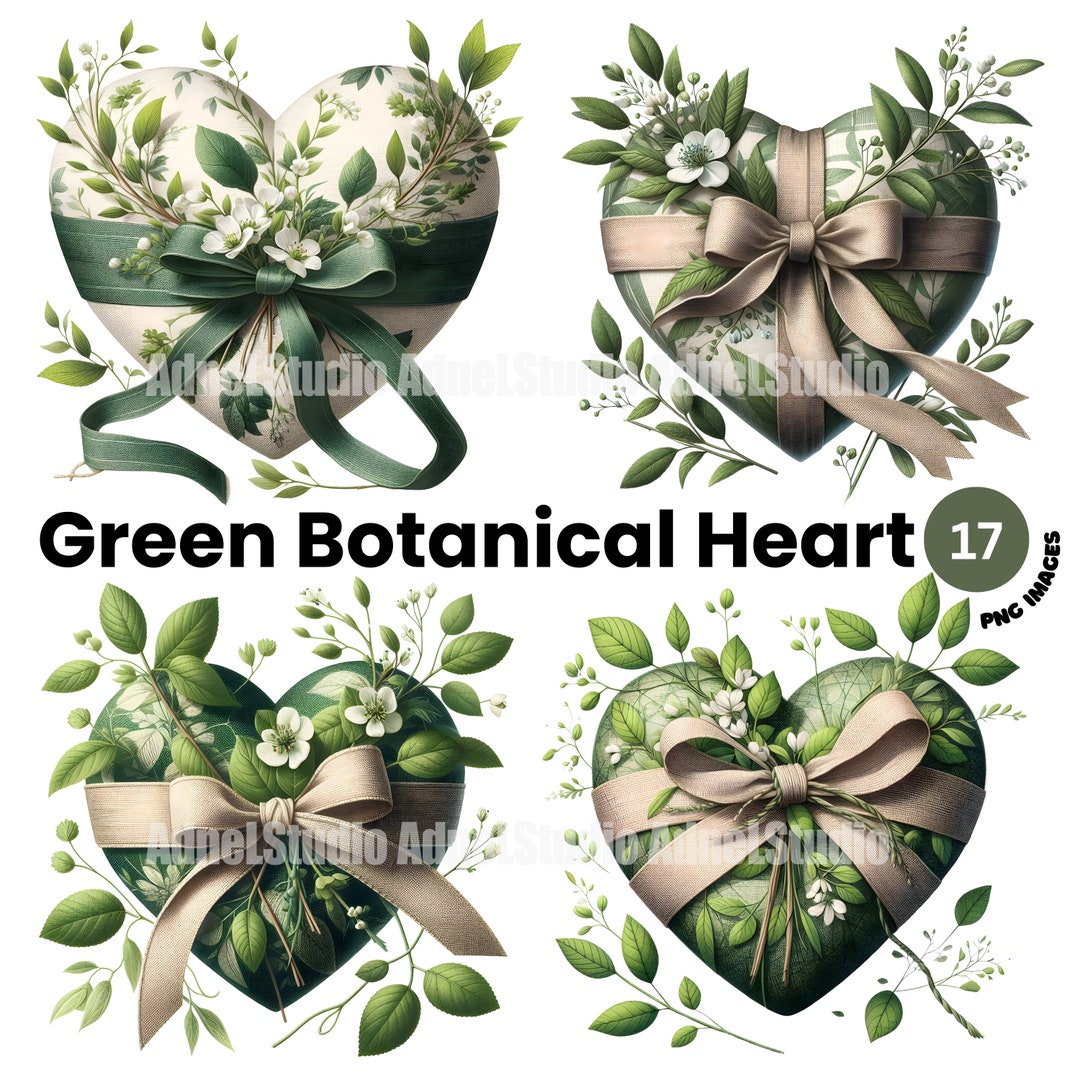 Green Botanical Heart Clipart, Watercolor Valentines Day Clipart ...