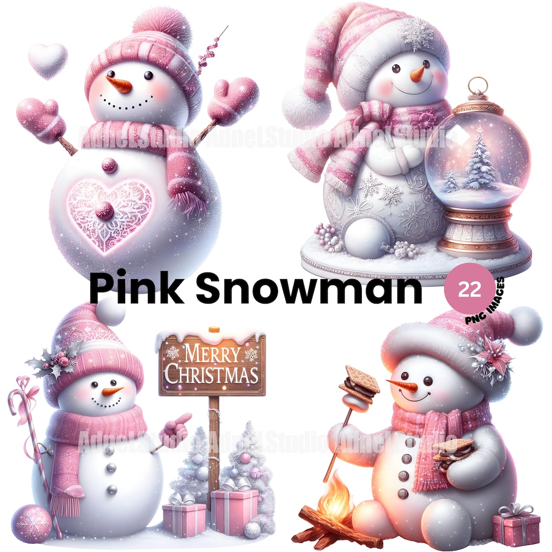 Pink Christmas Snowman Clipart: Festive Illustration (PNG, Digital ...