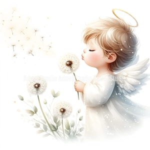 Little Angel Blowing Dandelion Digital Art, Cute Angelic Illustration ...
