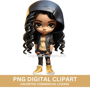 Cute Black Chibi Girl Clipart, Black Hip Hop Girl PNG, Afro Fashion ...