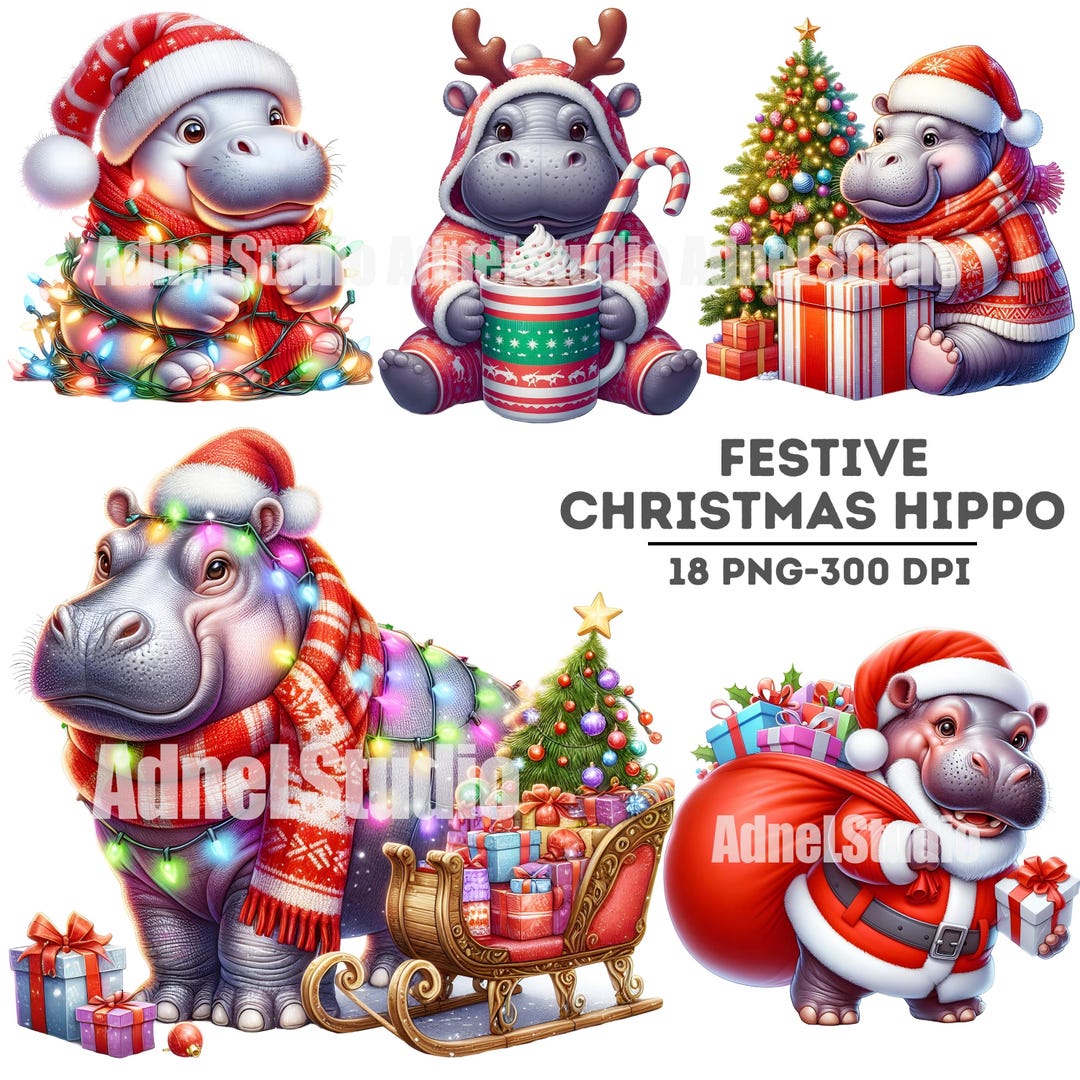 Festive Christmas Hippo Clipart Bundle, Cute Holiday Hippo Art ...