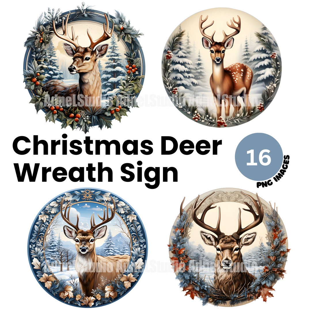Christmas Deer Wreath Sign Clipart - Christmas Clipart, Watercolor Deer ...