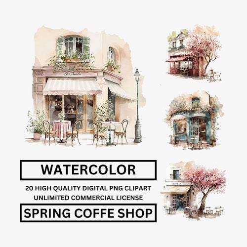 Watercolor Paris Cafe Clipart Digital Watercolor PNG Files - Etsy