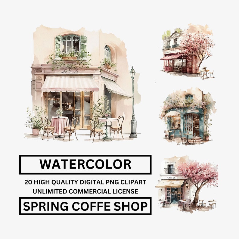 Watercolor Spring Coffee Shop Clipart 20 High Quality Cafe - Etsy