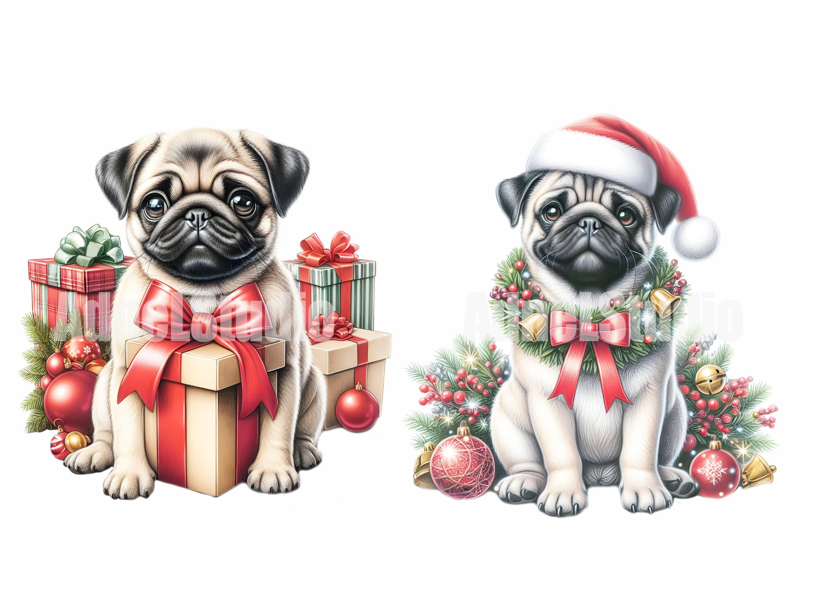 Christmas Pug Clipart Set, Cute Holiday Dog Illustrations, Adorable ...