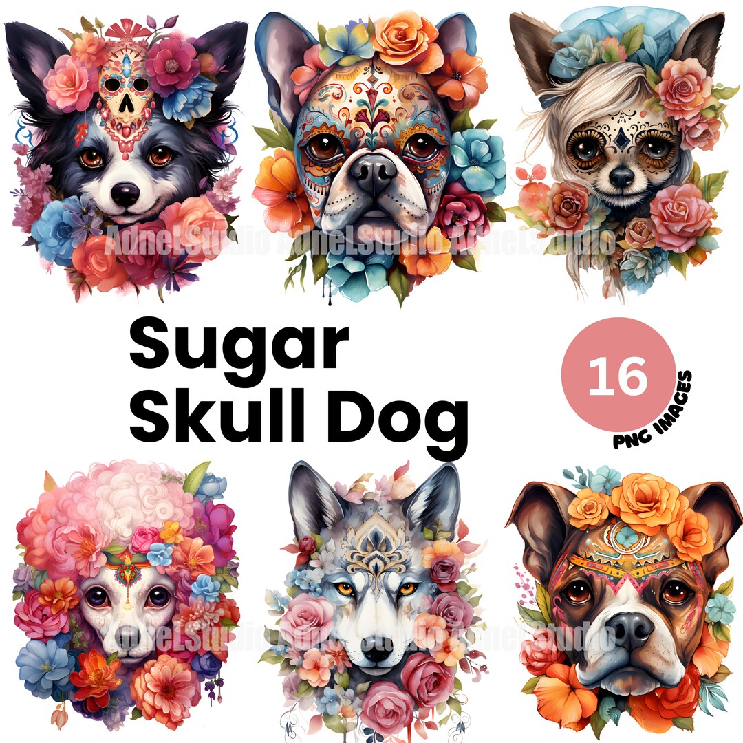 Sugar Skull Dog Clipart - Floral Sugar Skull Dog Digital, Dia De Los ...