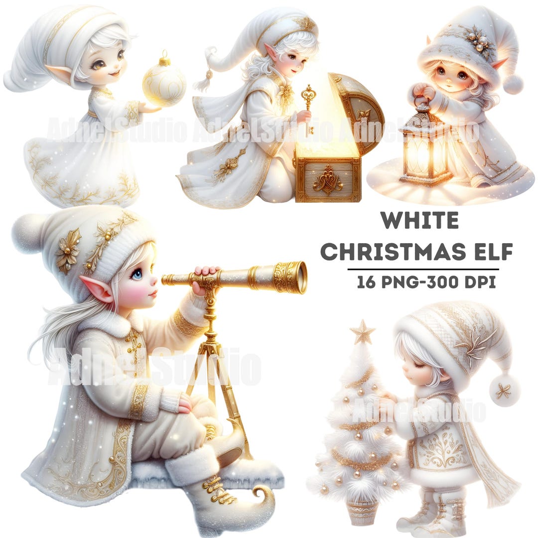 White Christmas Elf Clipart Set, White Christmas Elf Clipart, Ethereal ...