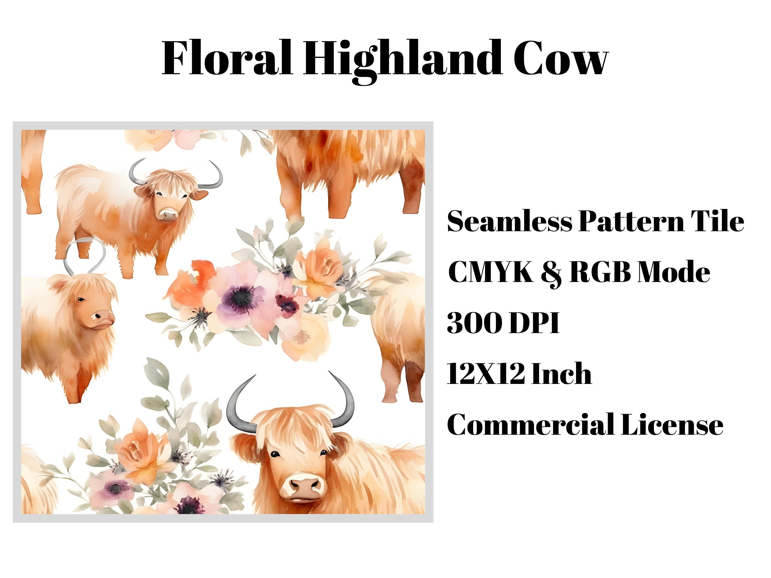 Watercolor Floral Highland Cow Seamless Pattern Highland Cow - Etsy