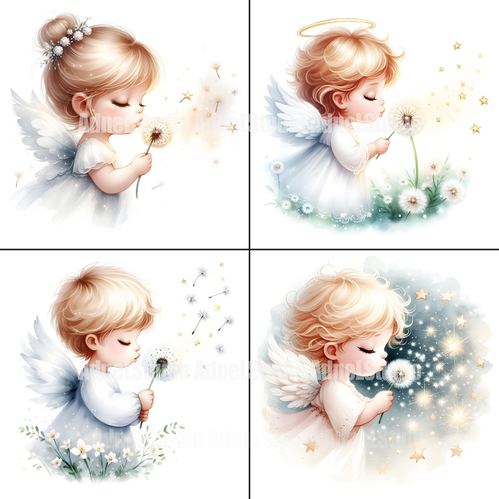 Little Angel Blowing Dandelion Digital Art, Cute Angelic Illustration ...
