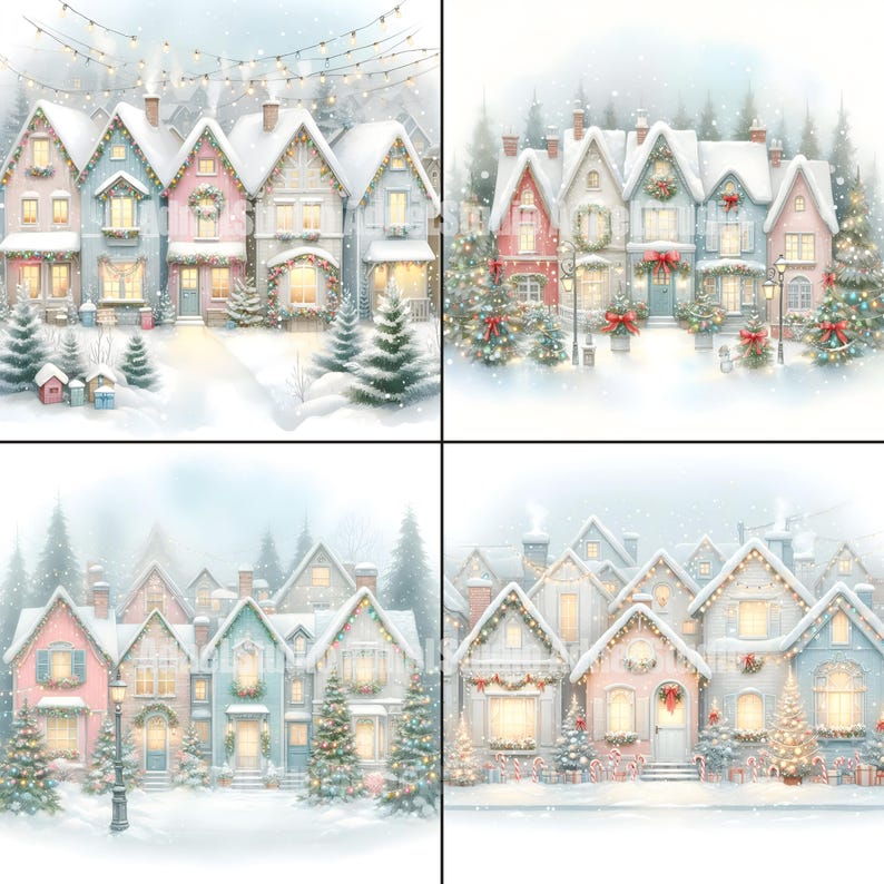 Snowy Christmas Village Clipart Bundle, Cozy Winter Houses With Holiday ...