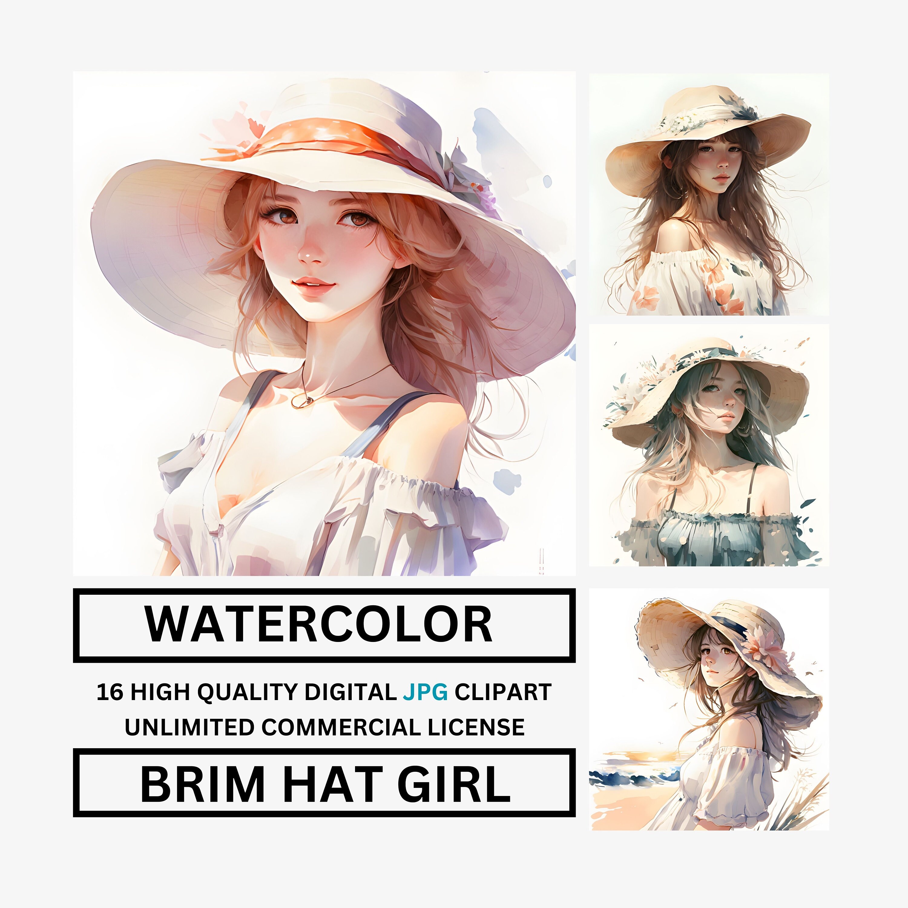 Watercolor Brim Hat Girls Clipart 20 High Quality JPG Files - Etsy ...