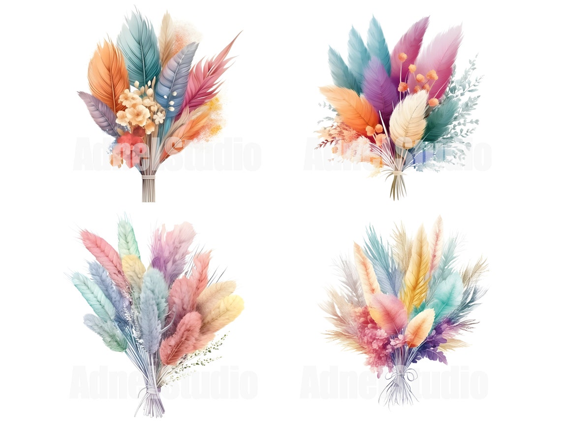 Rainbow Pastel Flower Clipart - Watercolor Boho Floral Bouquet Clipart ...