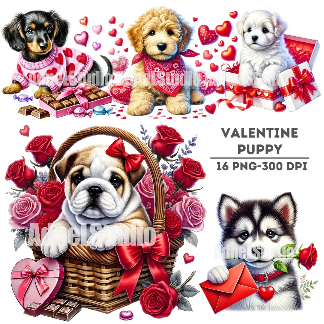Valentine Puppy Clipart, Cute Dog PNG, Romantic Roses, Love Letter Art ...