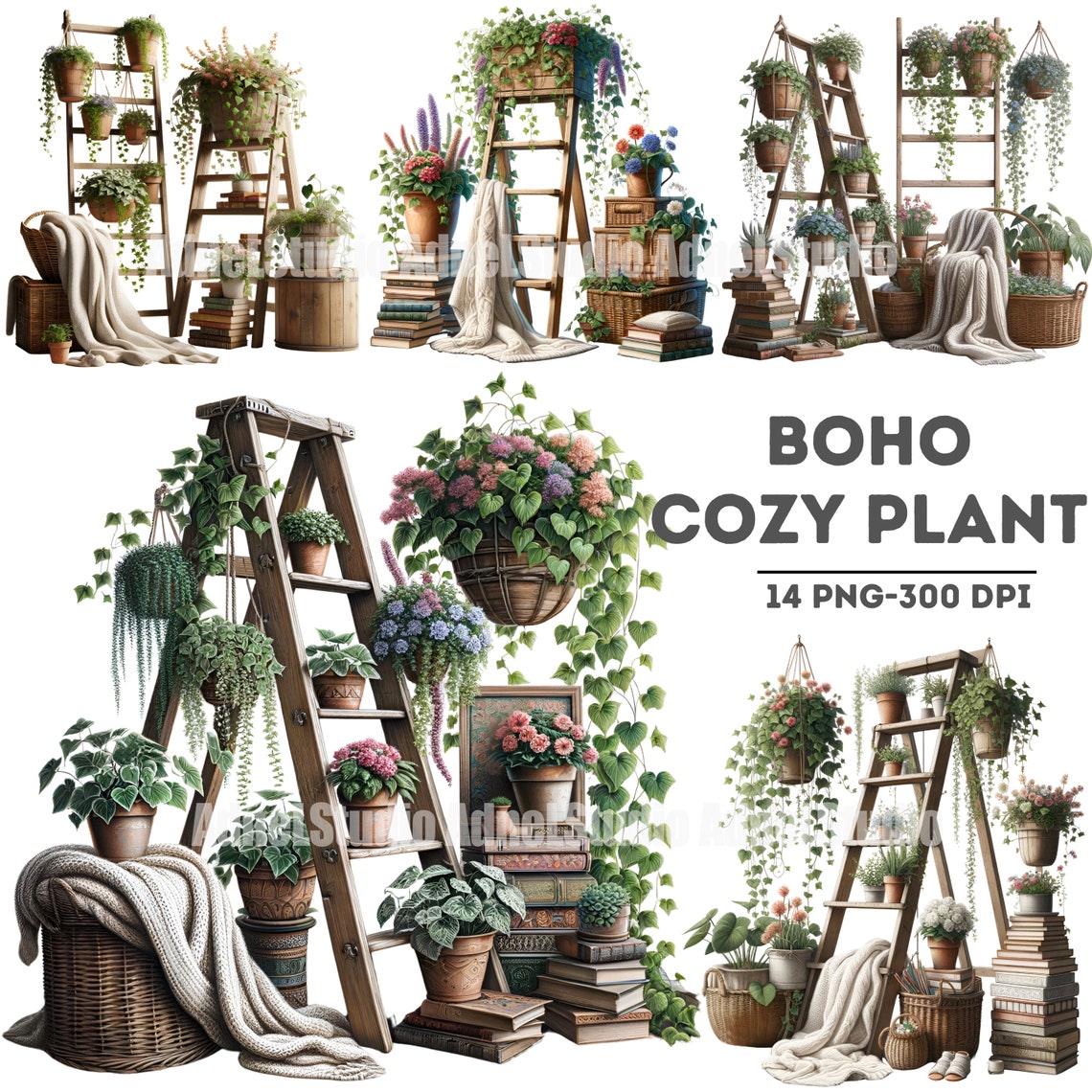 Watercolor Cozy Plant Clipart, Watercolor Cottagecore Clipart, House ...