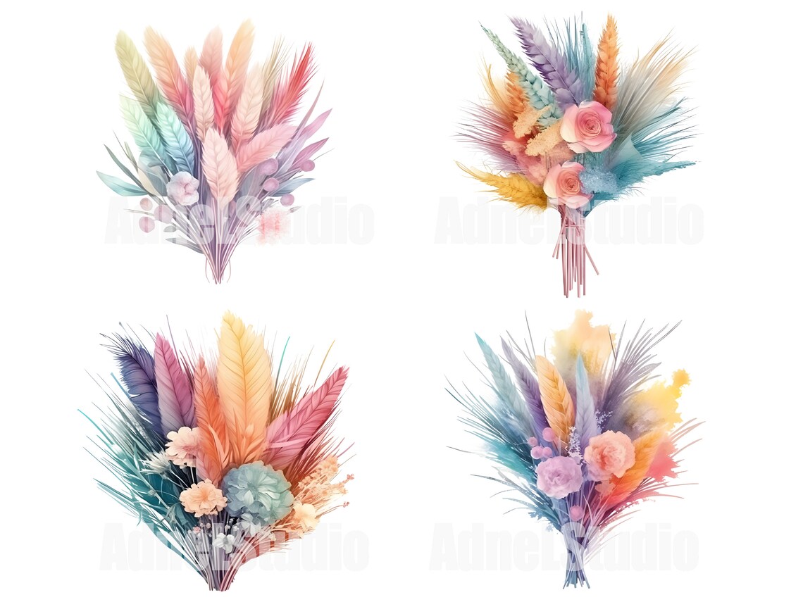 Rainbow Pastel Flower Clipart - Watercolor Boho Floral Bouquet Clipart ...