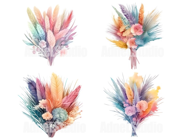 Rainbow Pastel Flower Clipart - Watercolor Boho Floral Bouquet Clipart ...