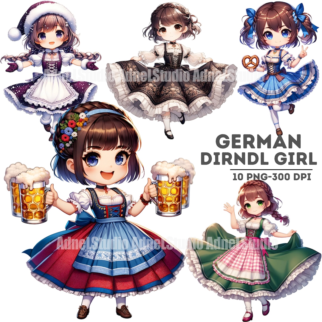 Watercolor German Dirndl Girl Clipart, German Dirndl Dress Clipart ...