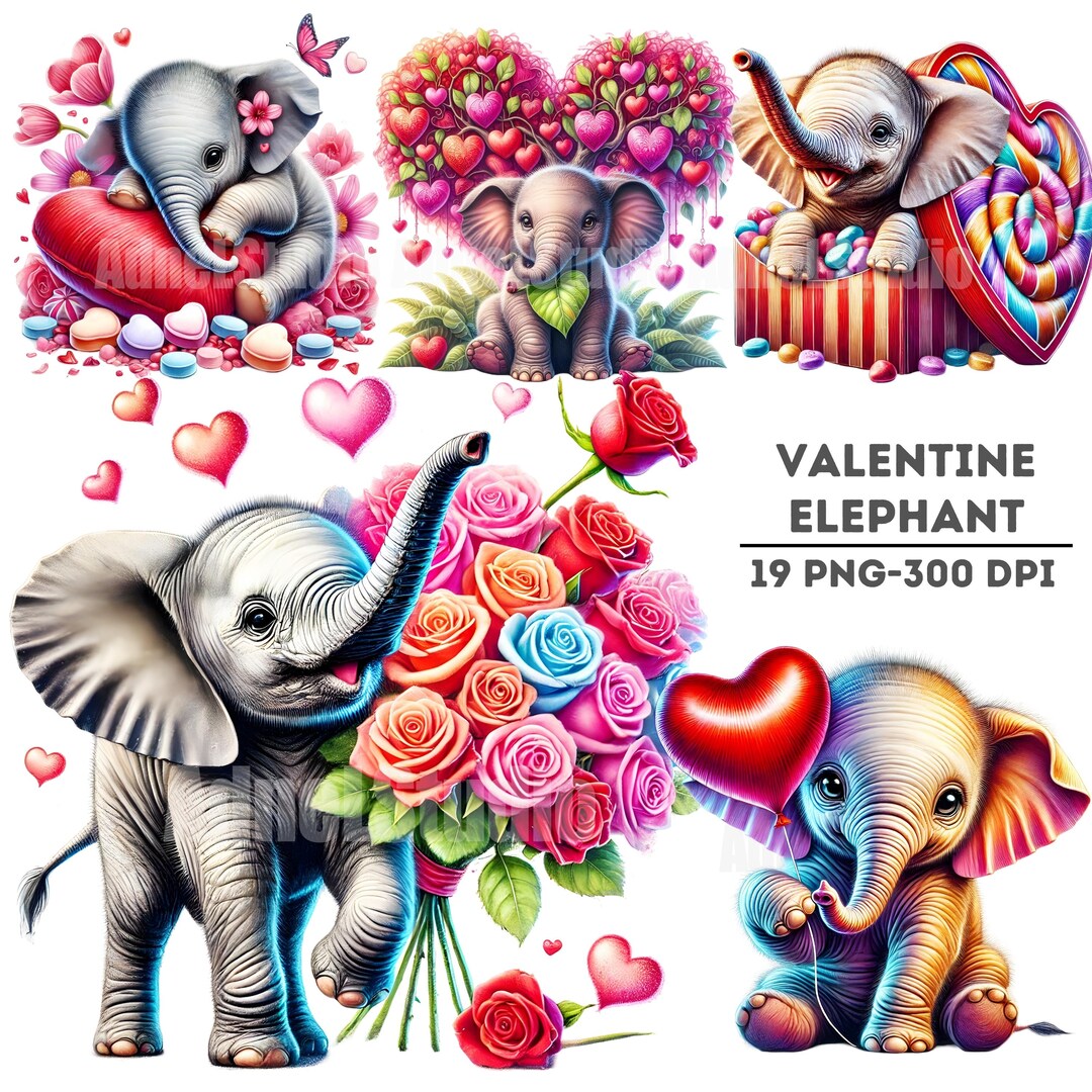 Valentine Elephant Clipart, Cute Animal PNG, Romantic Roses Art, Heart ...