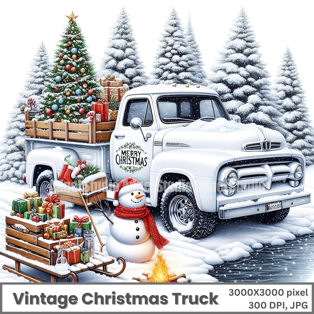 White Vintage Christmas Truck With Snowman Clipart Bundle, Retro ...