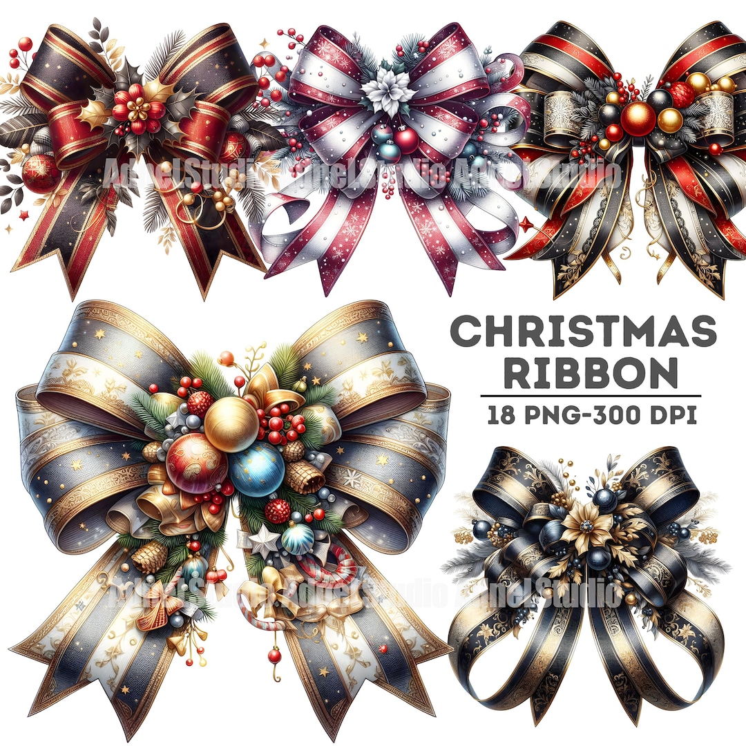 Christmas Ribbon Clipart Bundle, Festive Holiday Bows, Christmas ...