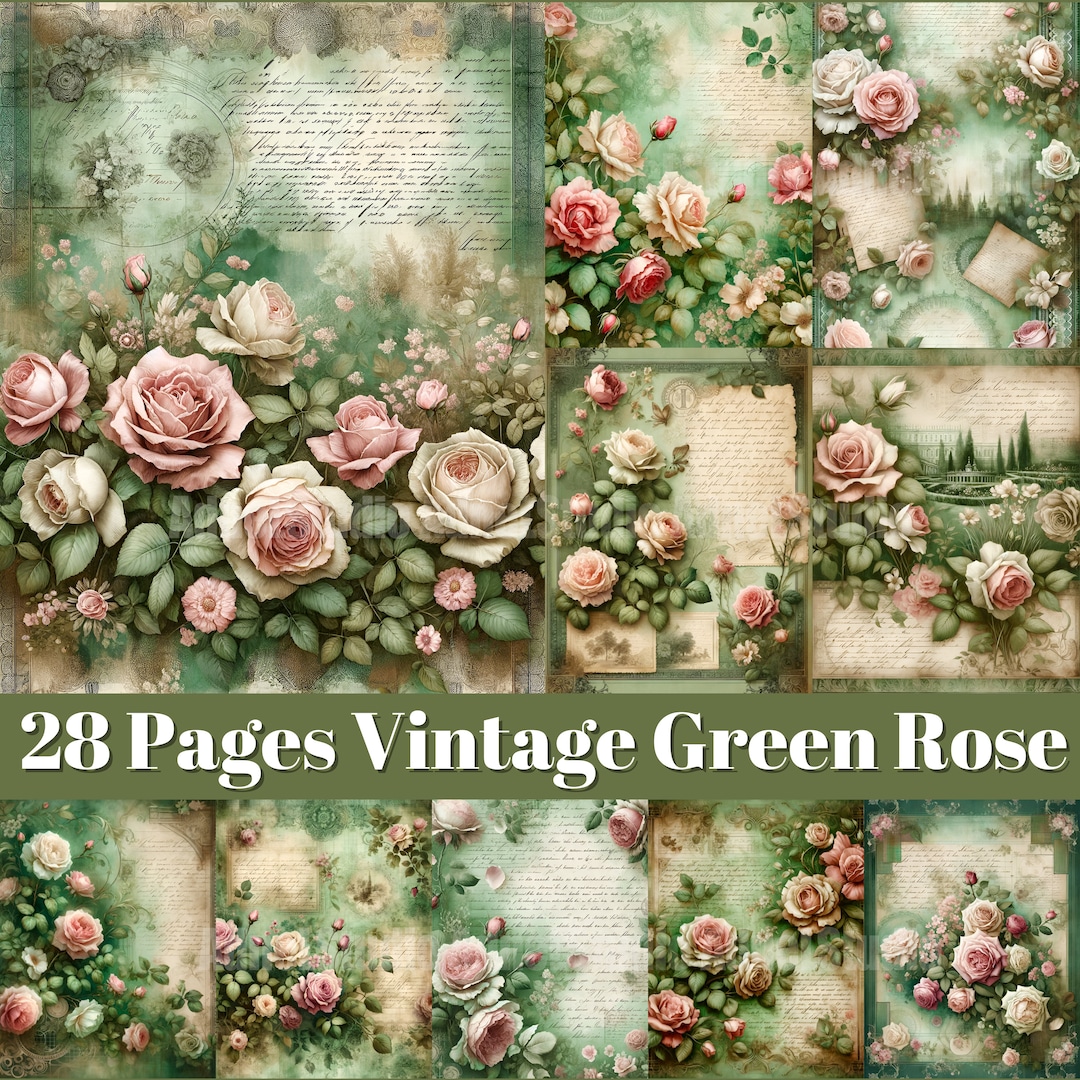 Vintage Green Rose Junk Journal, Shabby Paper Roses, Vintage Victorian ...