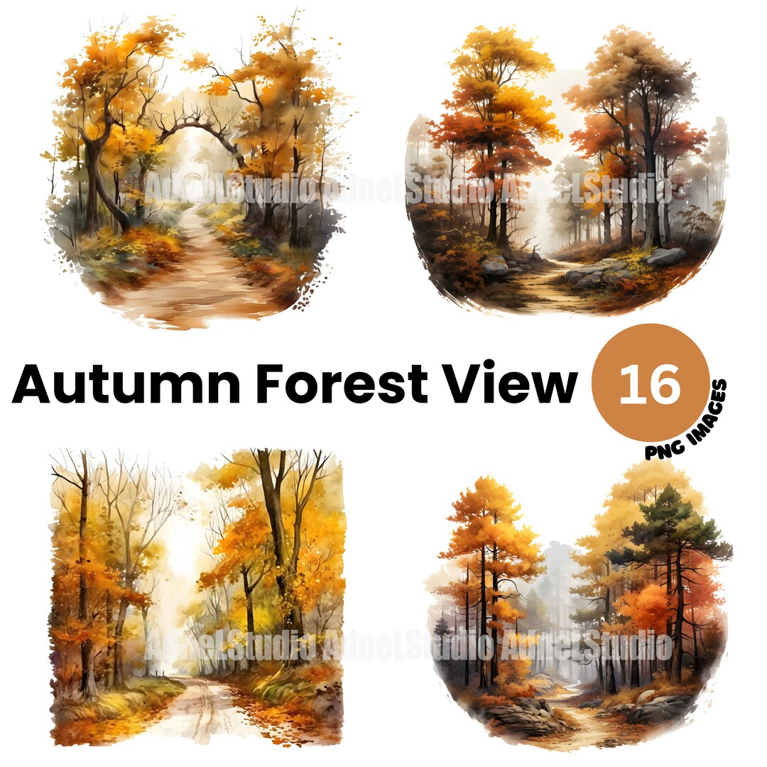 Autumn Forest View Clipart Watercolor Forest Clipart, Fall Landscape ...