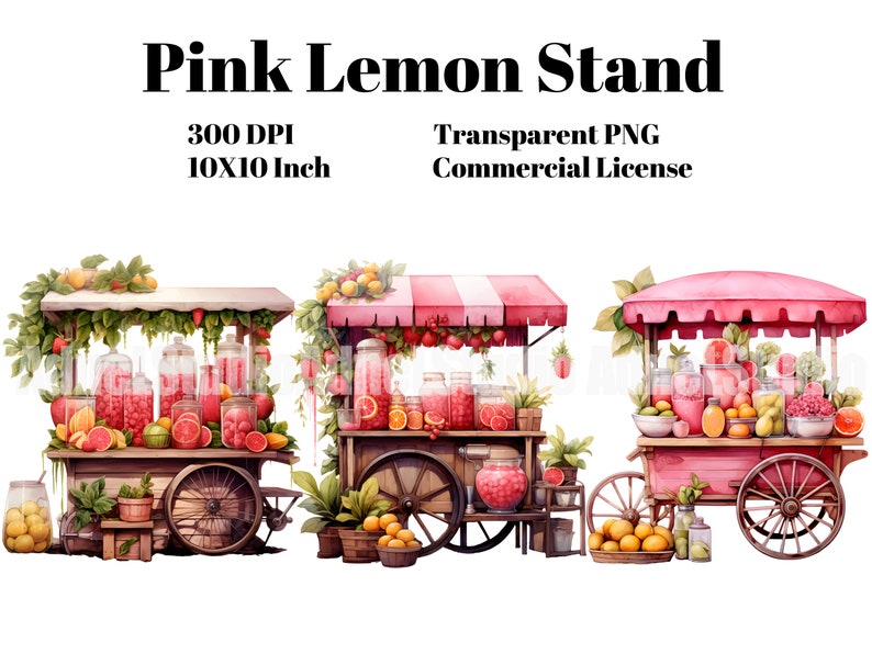 Watercolor Pink Lemon Stand Clipart - Pink Lemonade Stand Clipart ...