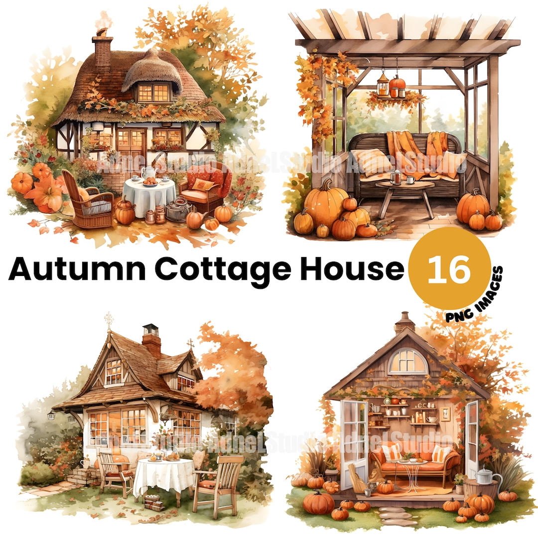 Watercolor Cottage Clipart - Vintage Cottage Core Clipart, Fall Cottage ...