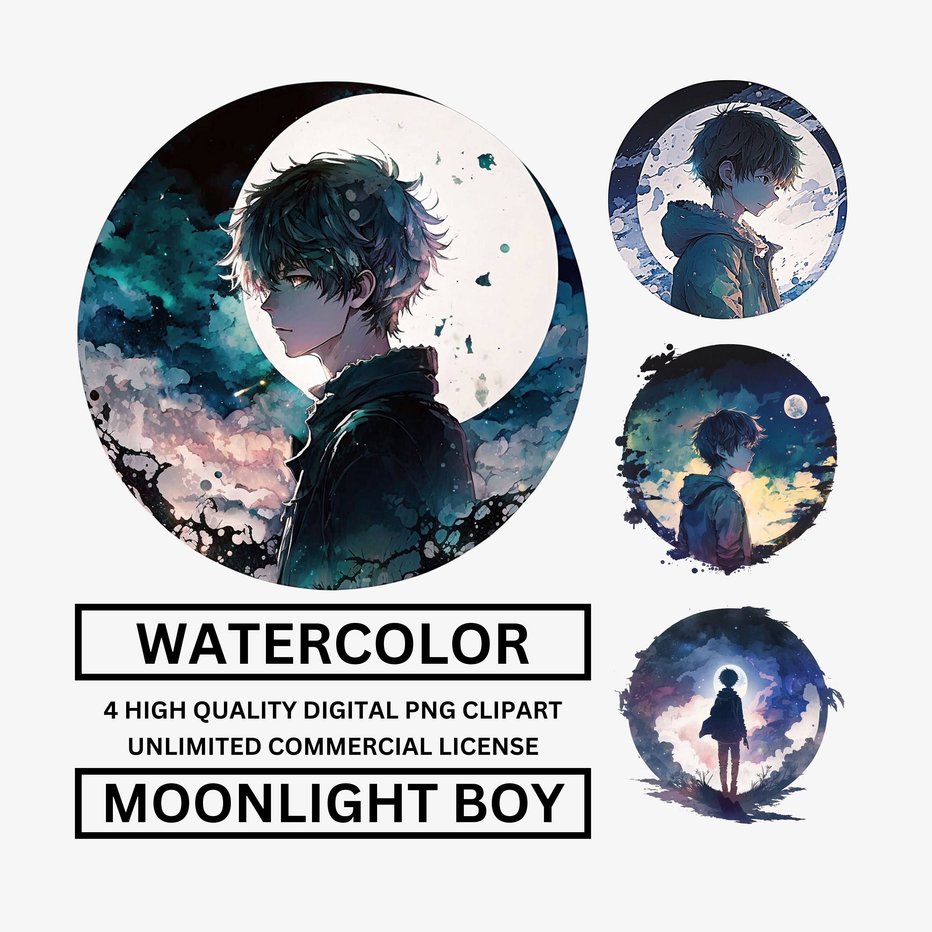 Watercolor Boy Moonlight Clip Art Watercolor Moonlight Boy - Etsy