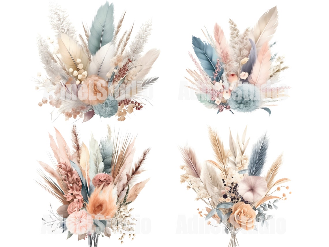 Pastel Boho Flowers Clipart Watercolor Boho Floral Bouquet - Etsy