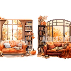 Watercolor Autumn Cozy Reading Nook Clipart - Vintage Cottagecore ...