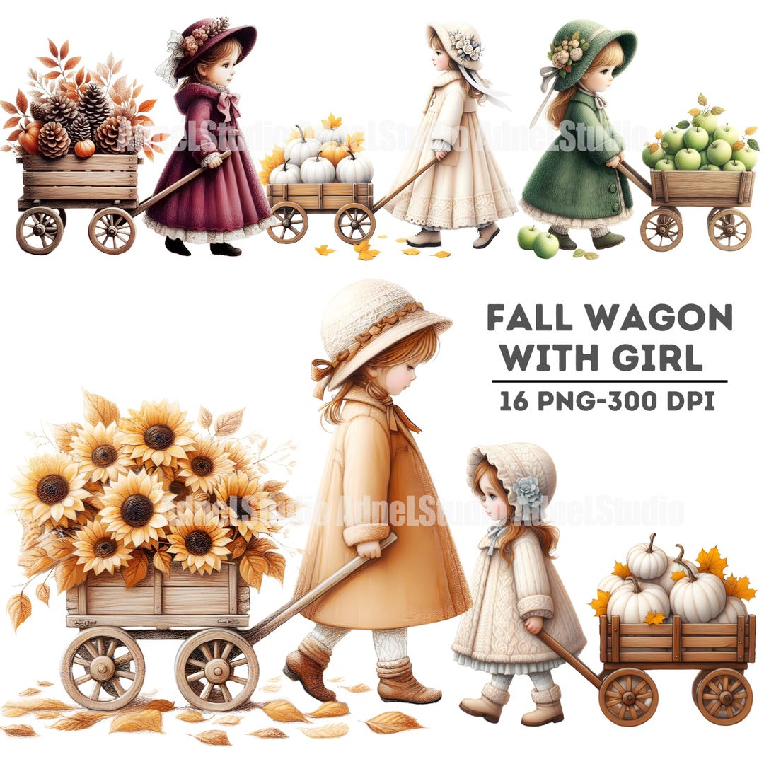 Fall Wagon With Girl Clipart, 14 PNG Autumn Aesthetic Illustration ...