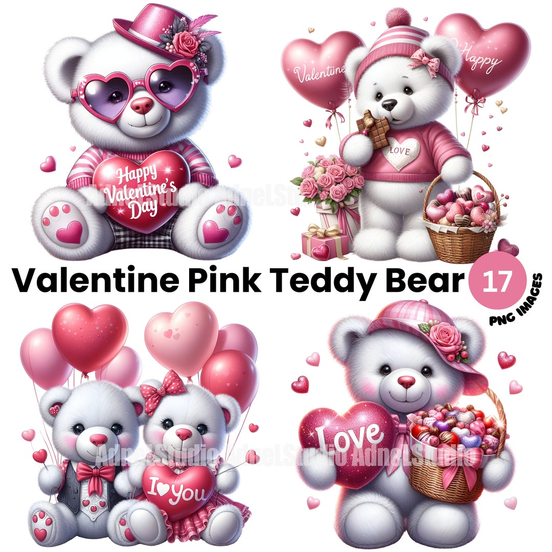 Pink Valentines Teddy Bear Clipart, Watercolor Valentines Day Clipart ...